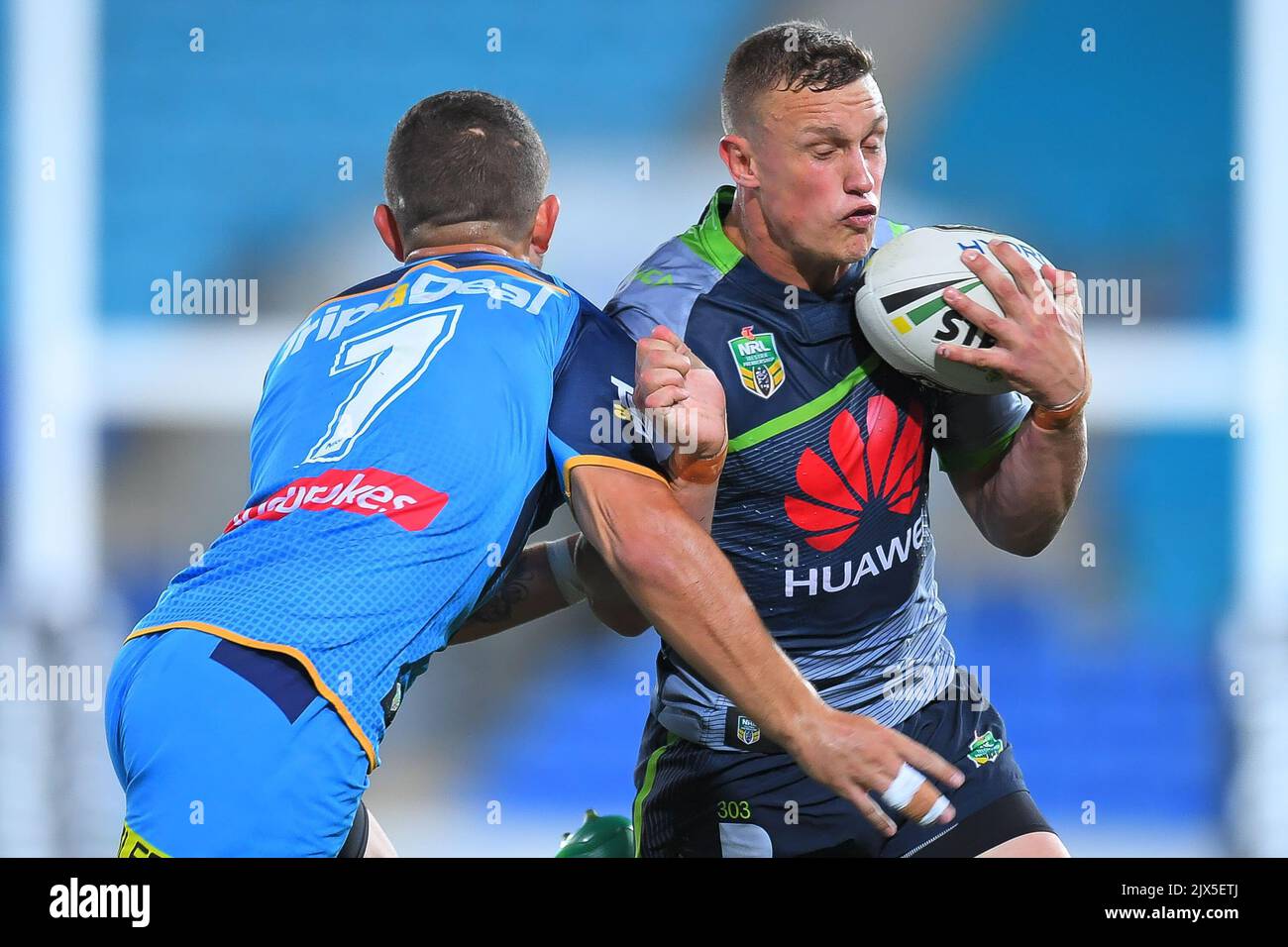 Jack Wighton of the Raiders takes on the defence during the Round 6 NRL ...