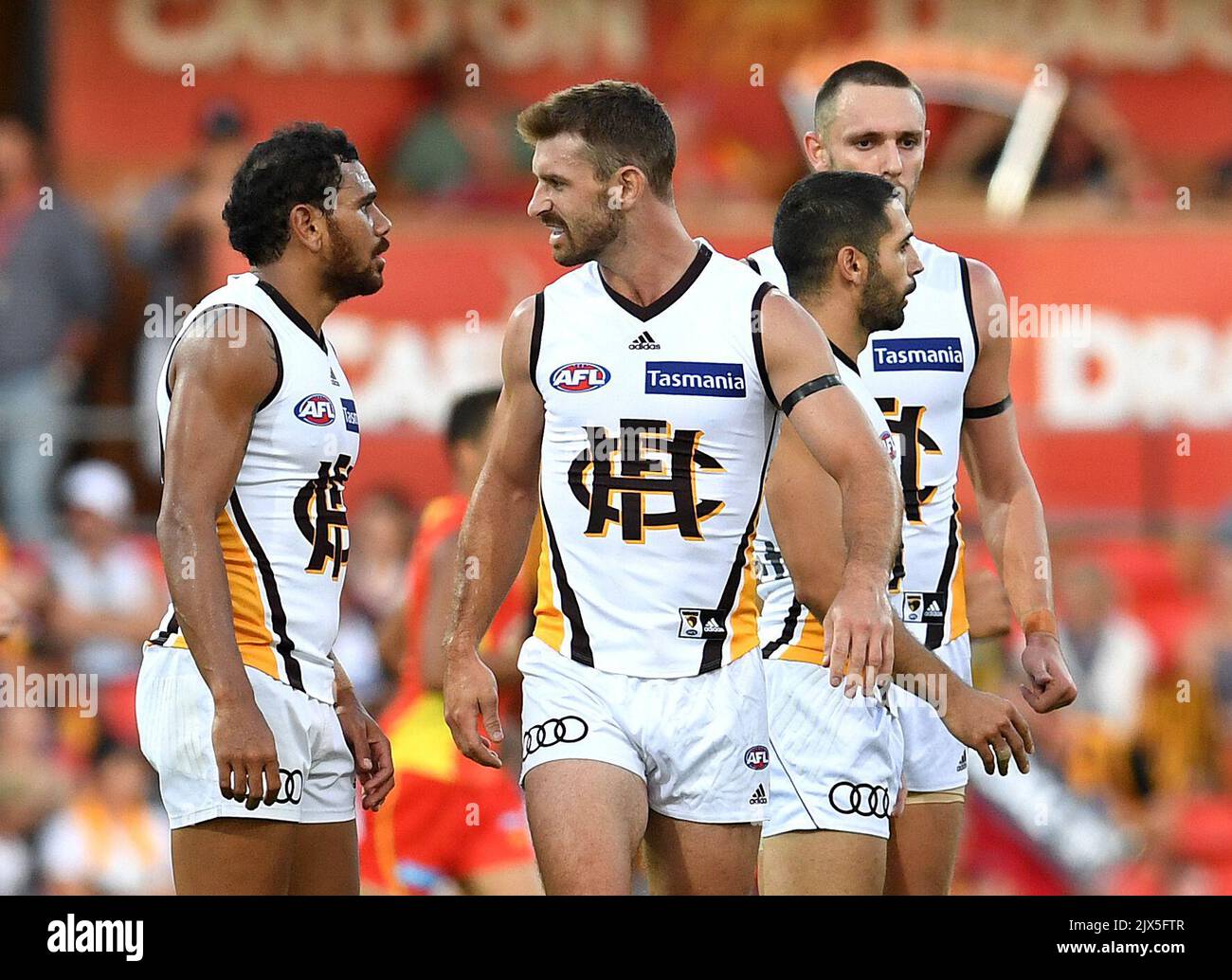 Hawthorn Hawks players react during their Round 3 game against the Gold ...