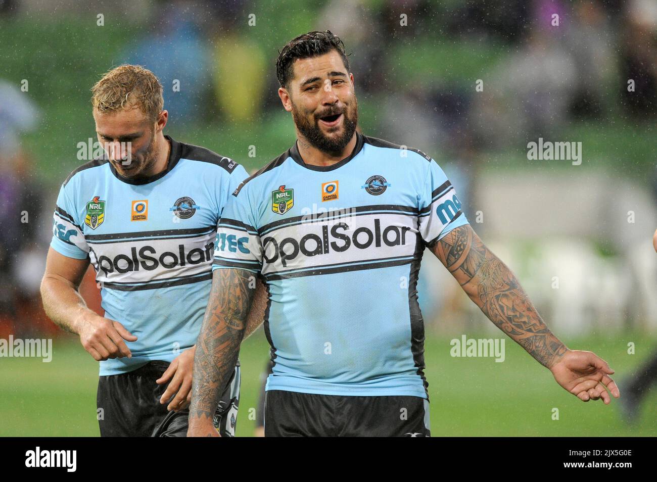 Andrew Fifita of the Sharks celebrates after the side's win, during the ...