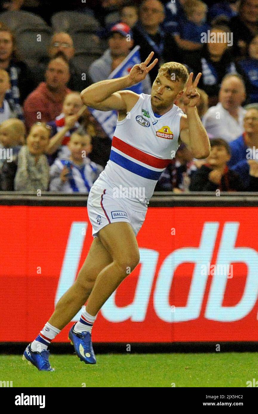 Jake Stringer of the Western Bulldogs celebrates with " bunny ears ...