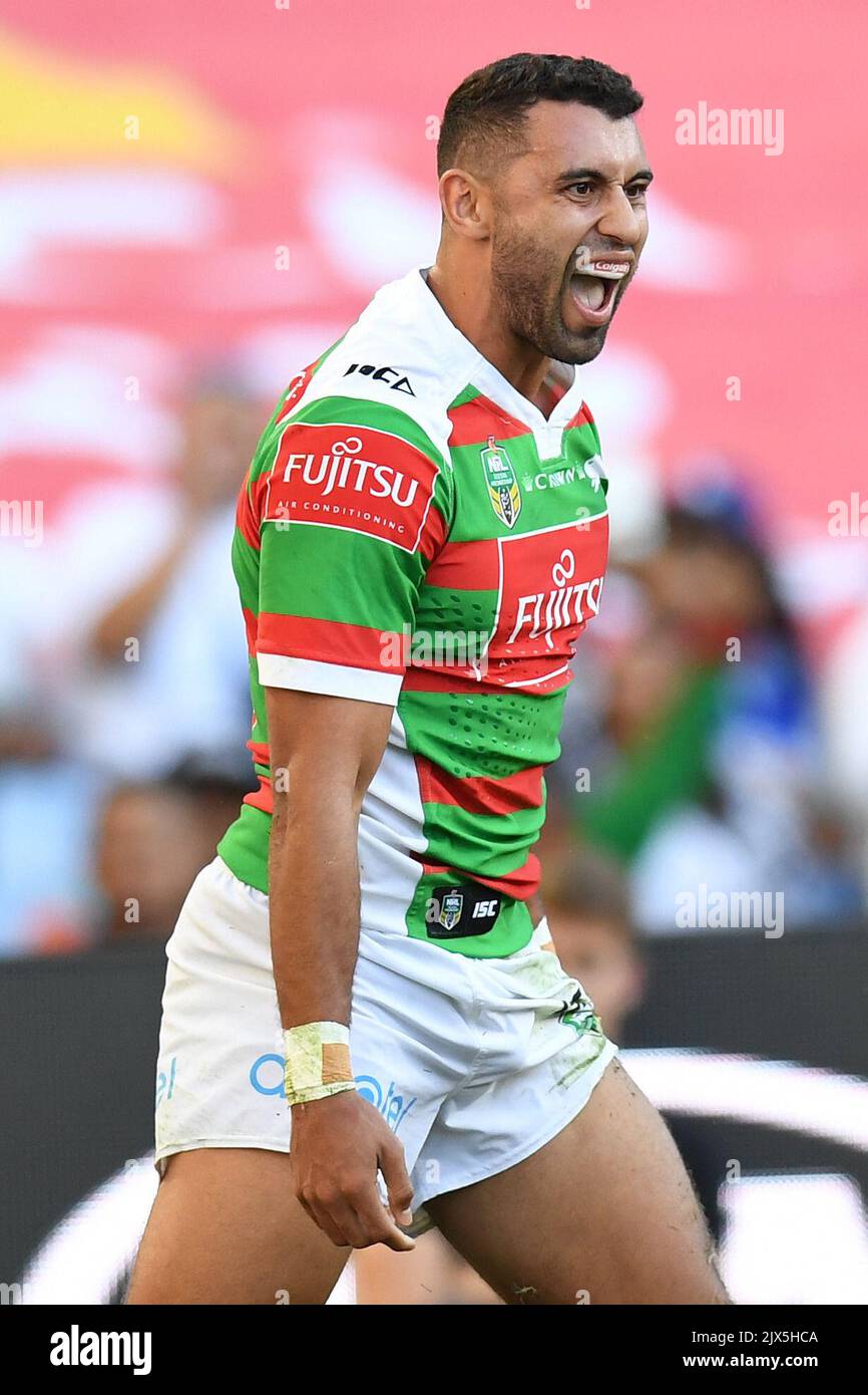 Alexander Johnston of the Rabbitohs celebrates his try during their ...