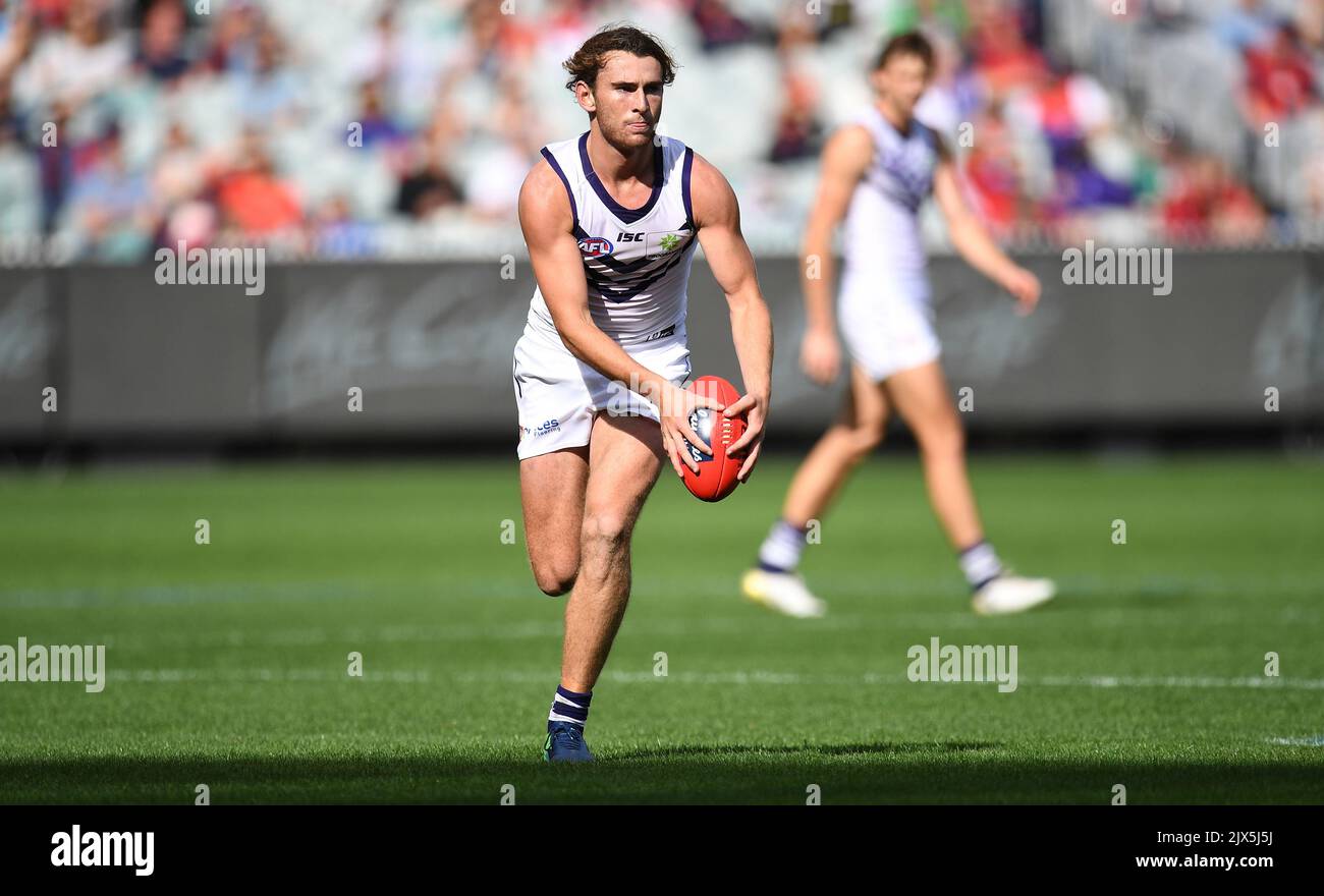 Connor Blakely of the Dockers is seen in action during the Round 4 AFL ...