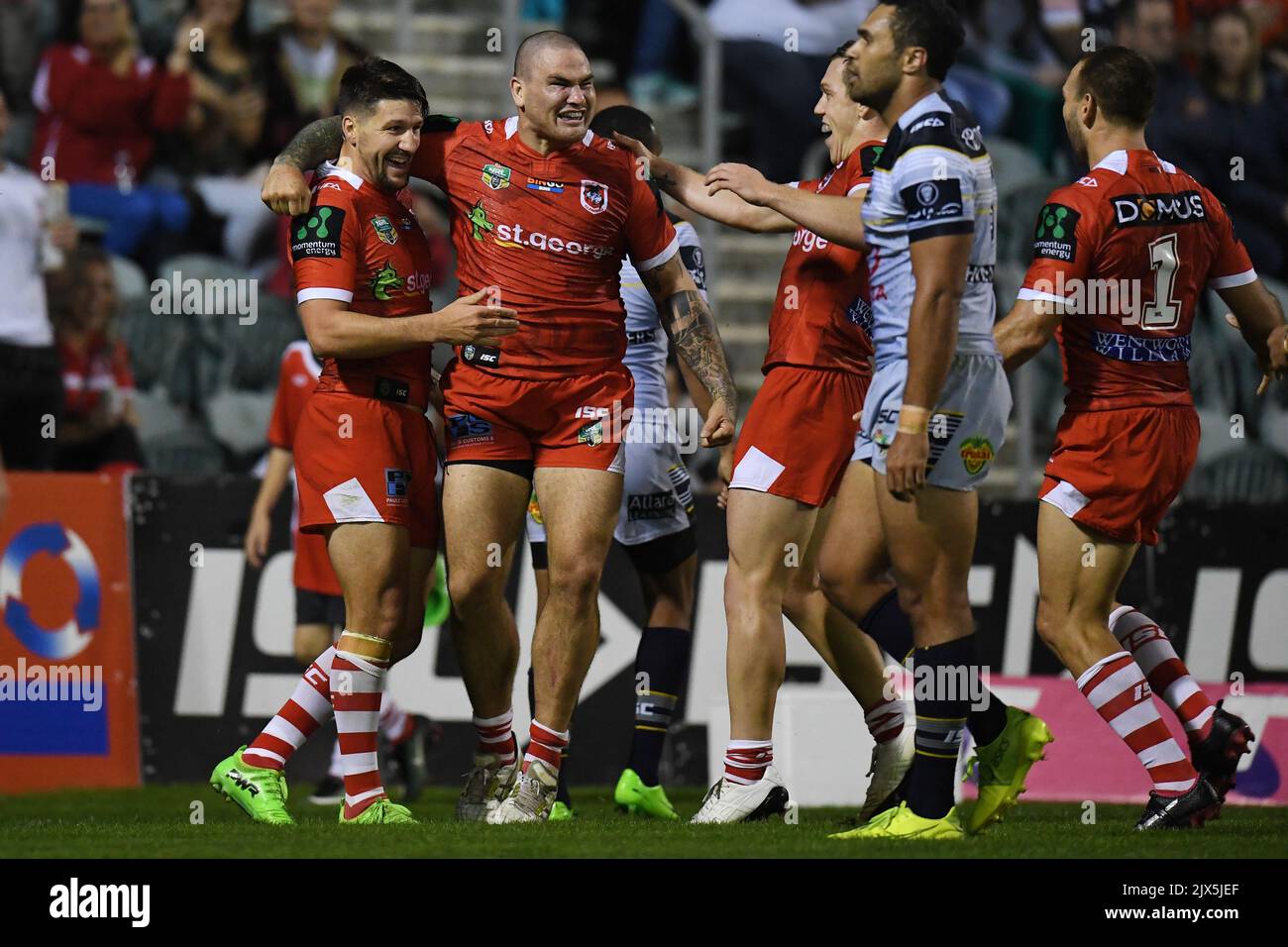 The Dragons Russell Packer (right) and Gareth Widdop (left) celebrate ...