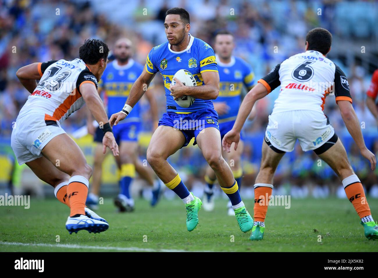Corey Norman of the Eels makes a break during the Round 7 NRL match ...
