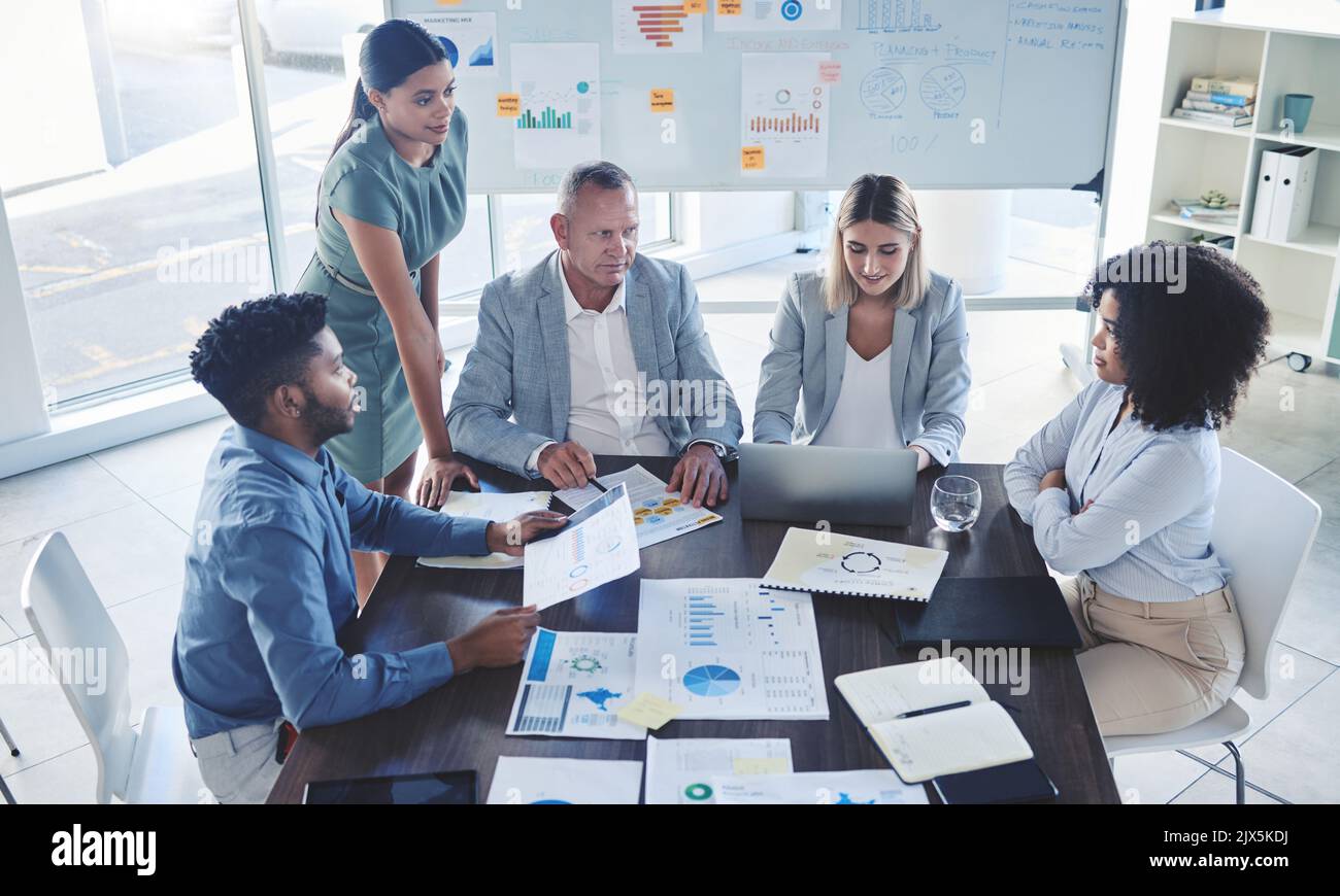 Teamwork, business meeting and infographic paper for target audience ...