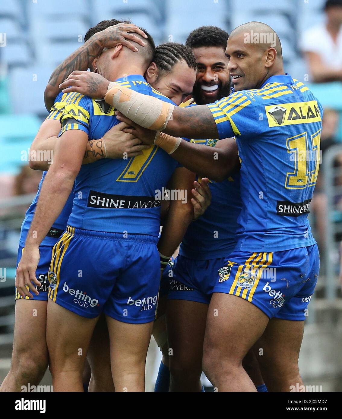 Parramatta Eels celebrate try by Corey Norman during the Round 8 NRL ...