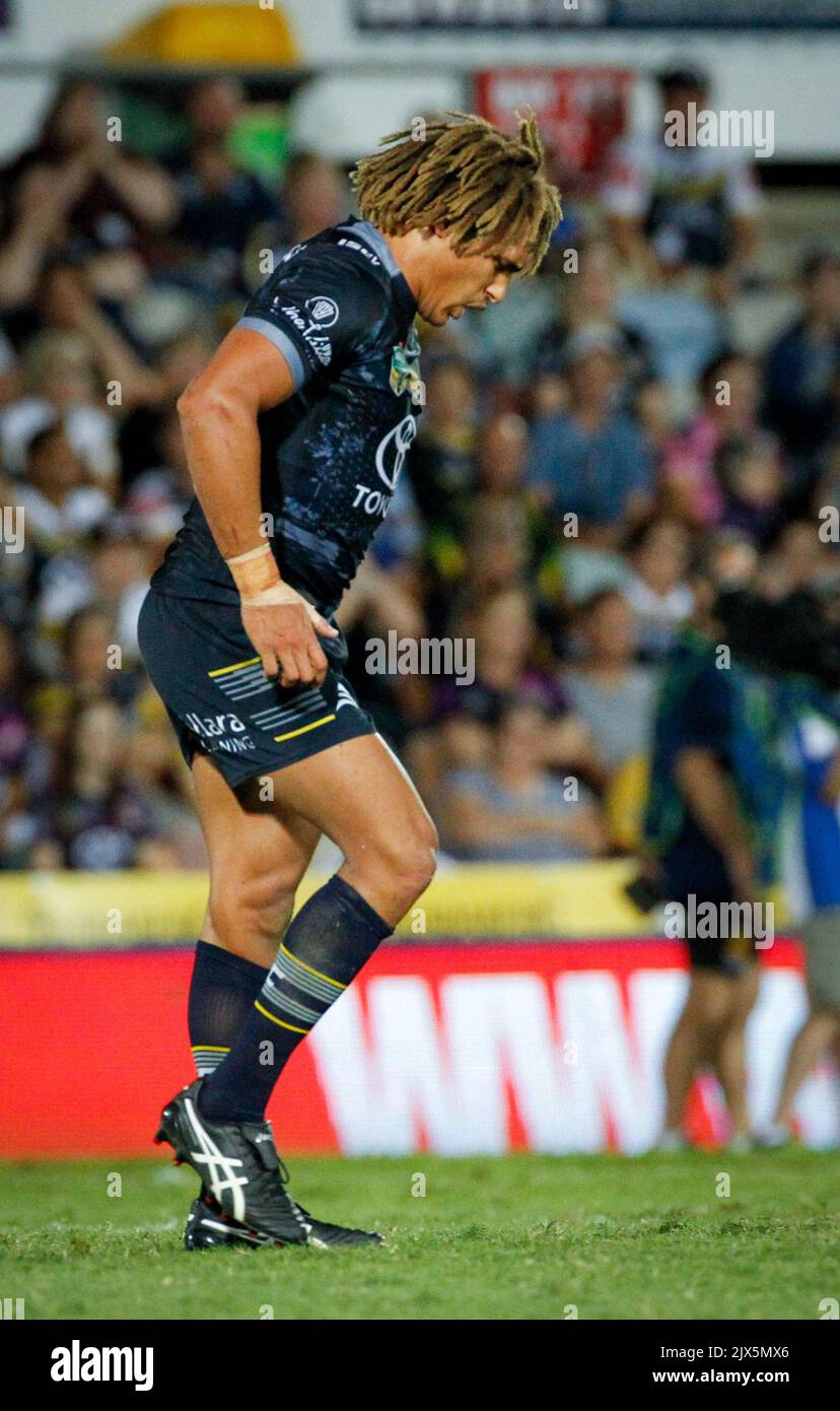 Cowboys Ray Thompson limps with a sore leg during the Round 8 NRL match ...