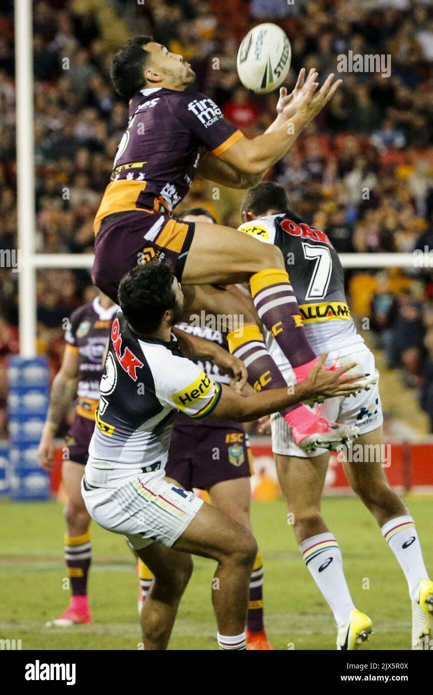 Jordan Kahu of the Broncos catches a high ball during the Round 9 NRL ...
