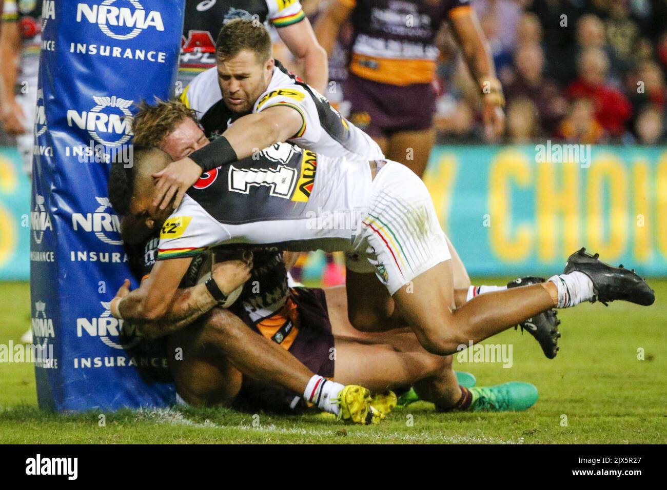 Korbin Sims of the Broncos scores a try during the Round 9 NRL match ...
