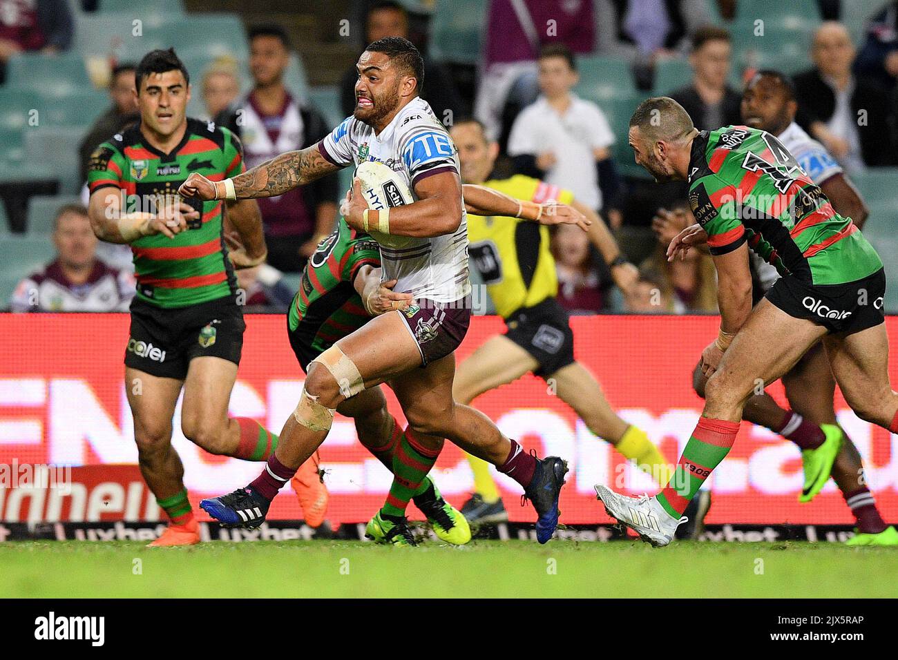 Dylan Walker of the Sea Eagles makes a break during the Round 9 NRL ...