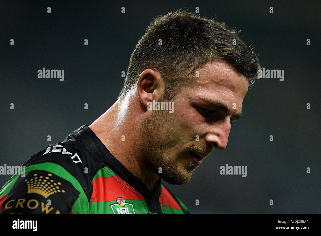 Sam Burgess of the Rabbitohs looks on during the Round 9 NRL match ...