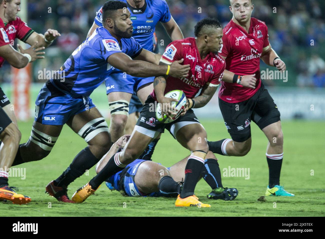Onehunga Kafausi Havili of the Force tackles Courtnal Skosan of the ...