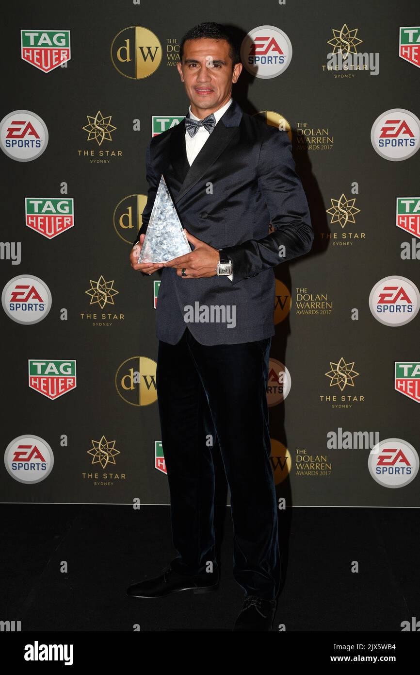 A-League player Tim Cahill poses with the Goal of the Year Award at the ...