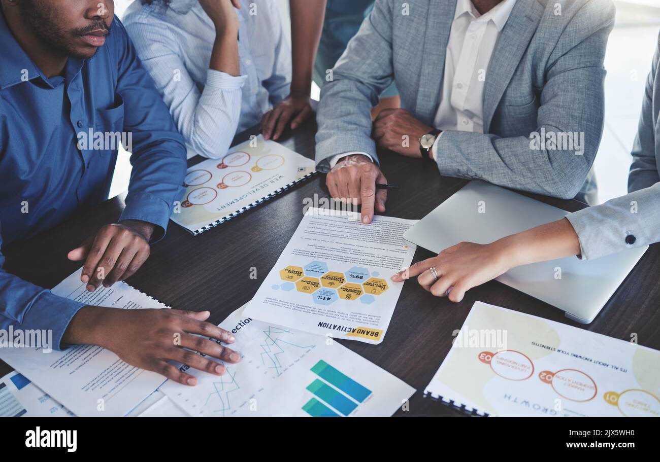 Hands teamwork, planning and paperwork, documents or charts doing research, data and budget ...