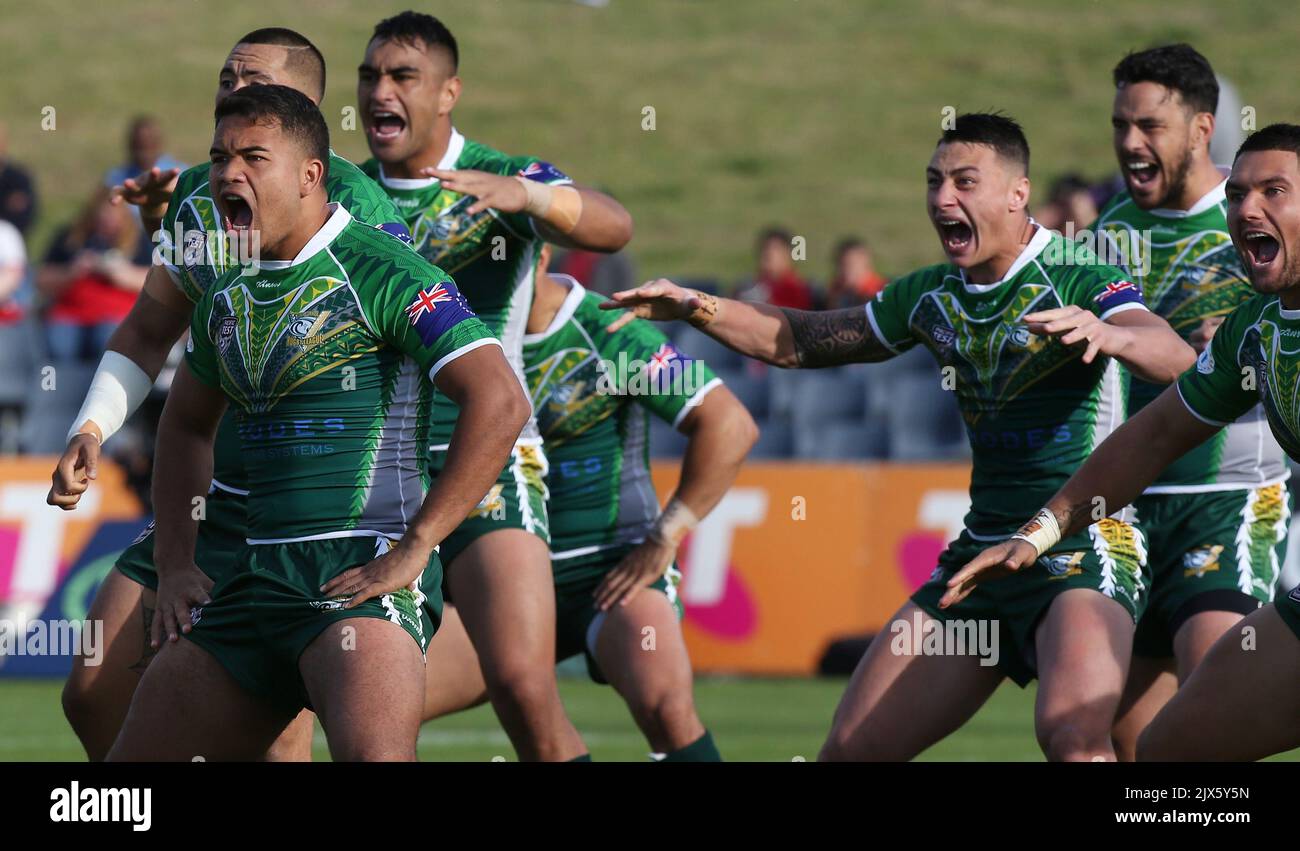 The Cook Islands team perform the Haka during the Pacific Test match ...