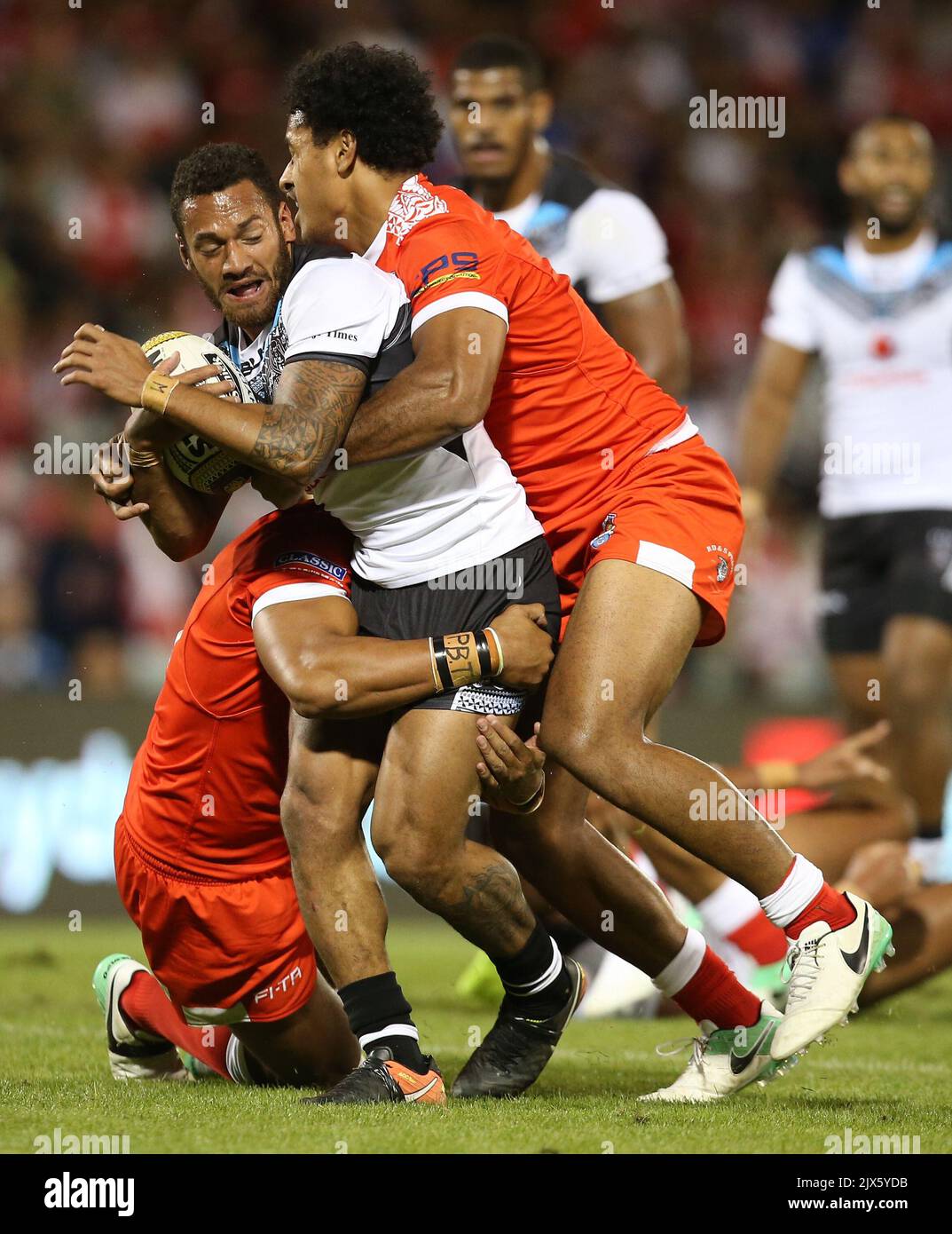 Daniel Saifiti of Fiji is tackled during the Pacific Test match between ...