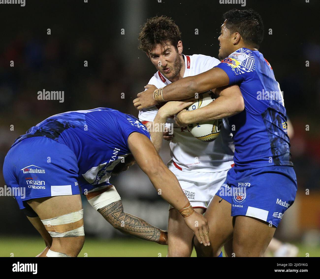 Stefan Ratchford of England is tackled during the Pacific Test match ...