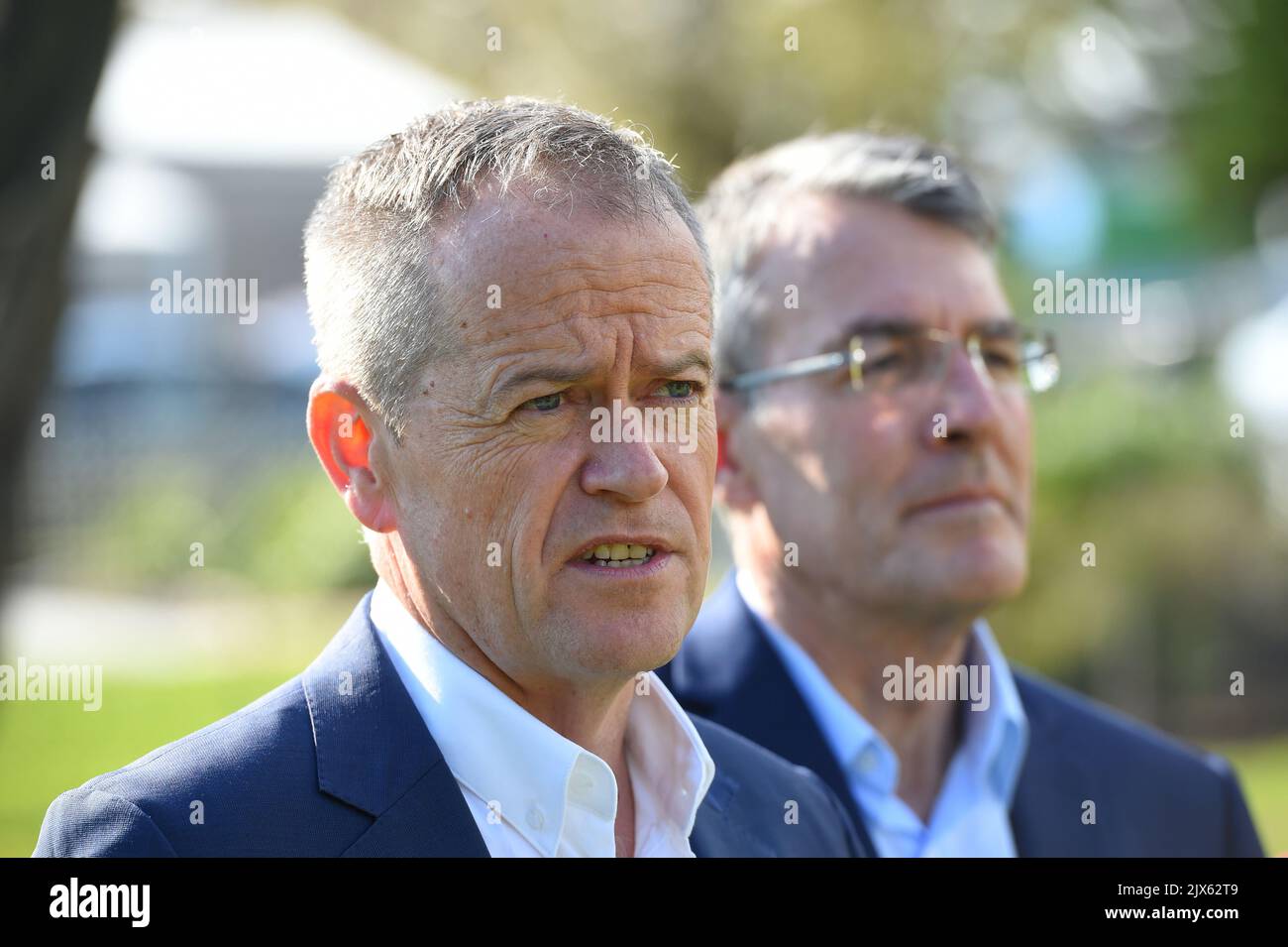 The Leader of the Opposition, Bill Shorten (left) speaks during a press ...