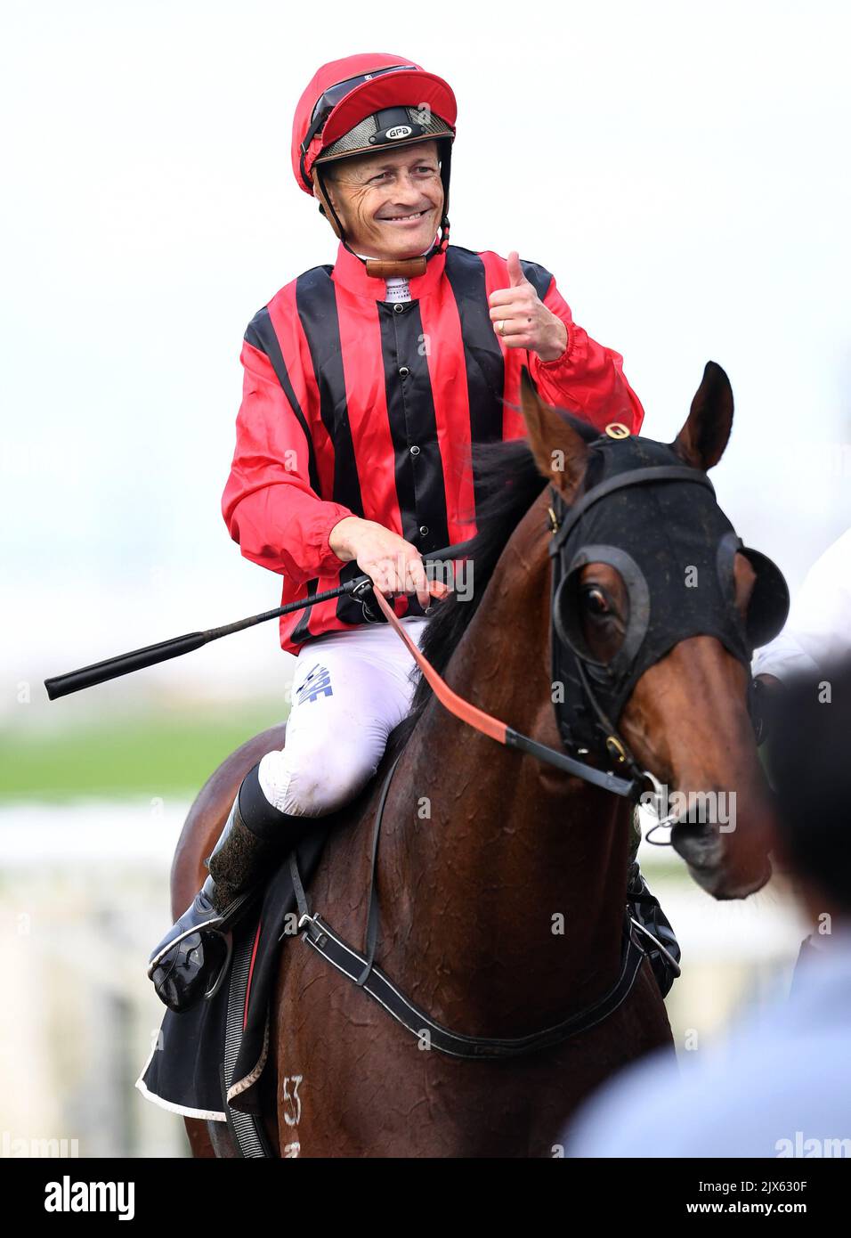 Jockey Damian Browne gestures after riding Good Standing to win race 5 ...