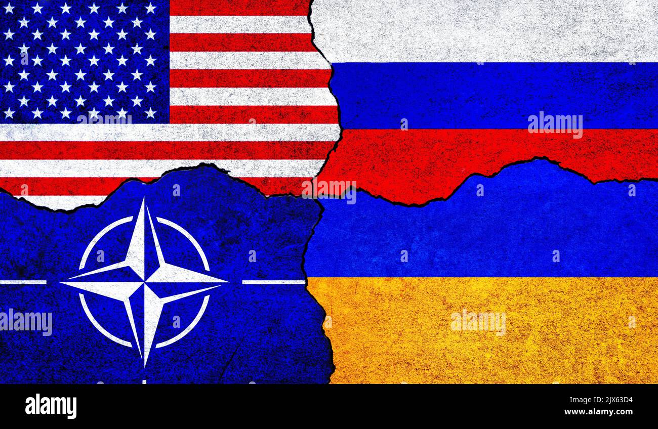 Flags of USA, Russia, Ukraine and NATO on a wall with crack. Ukraine ...