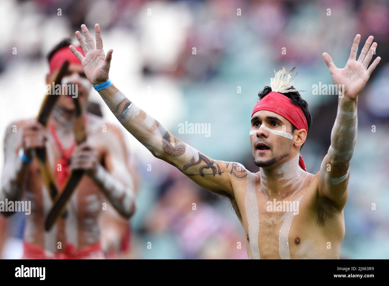 An Aboriginal dance troupe perform before the round 10 NRL match ...