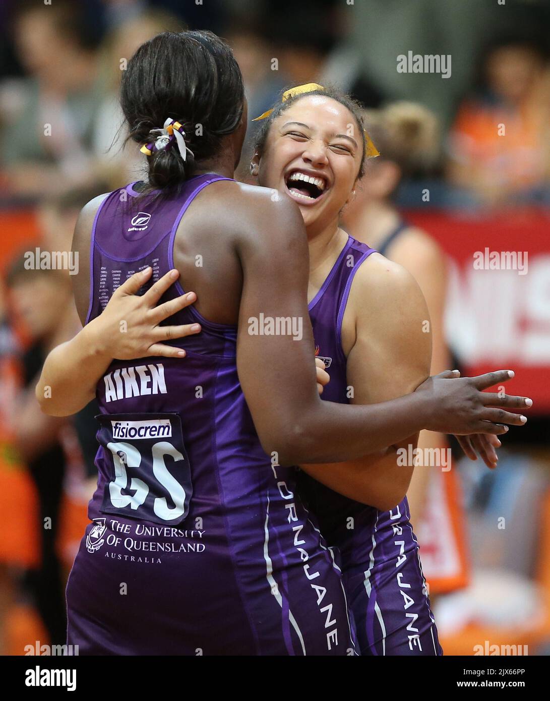 Romelda Aiken of the firebirds and Abigail Latu-Meafou celebrate a win ...