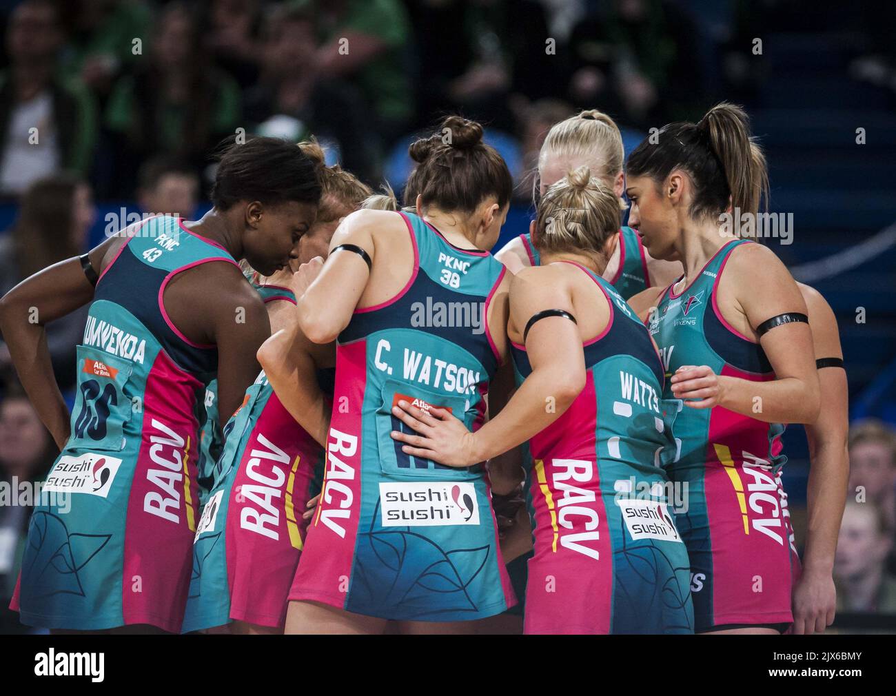 The Melbourne Vixens' huddle during the Round 14 Super Netball match ...