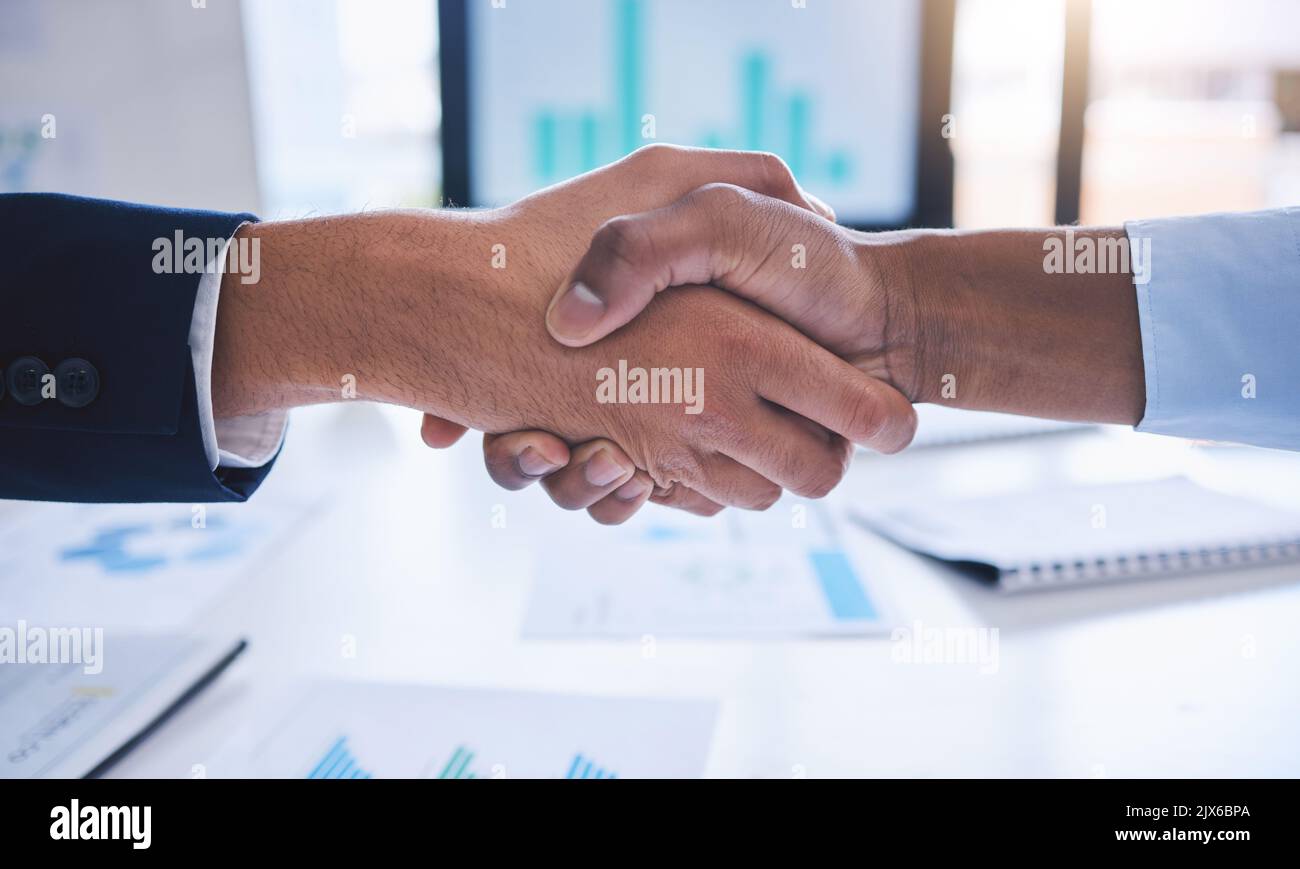 Hand of business people, partnership and hand shake for agreement on ...