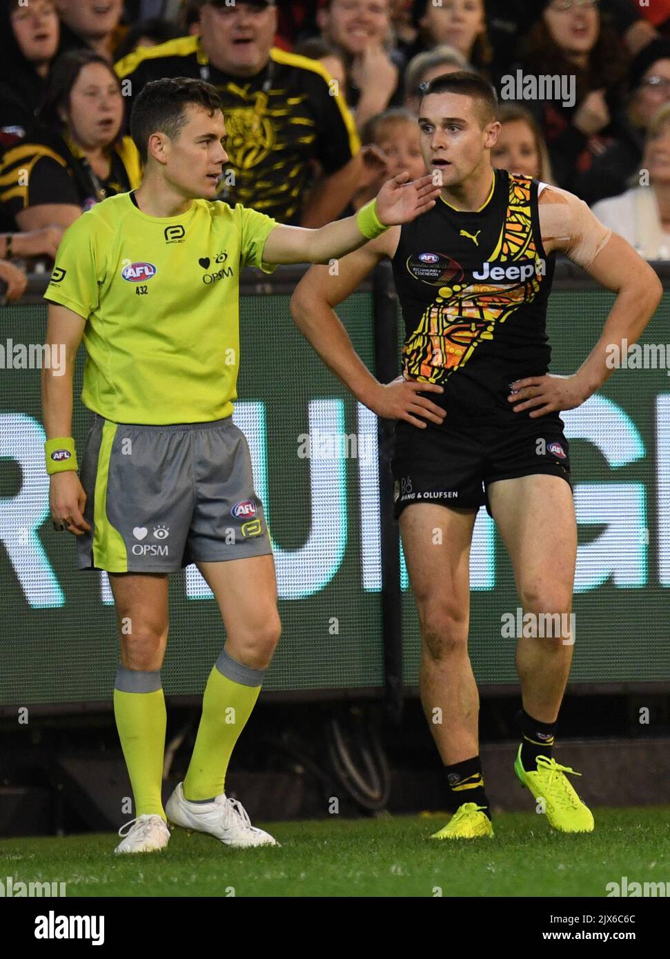 Jayden Short of the Tigers (right) and umpire Curtis DeBoy are seen after the Bombers were ...