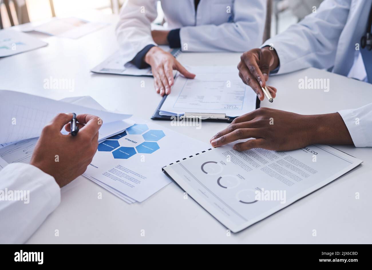 Strategy, KPI and business meeting with people hands, document, paperwork and marketing research ...