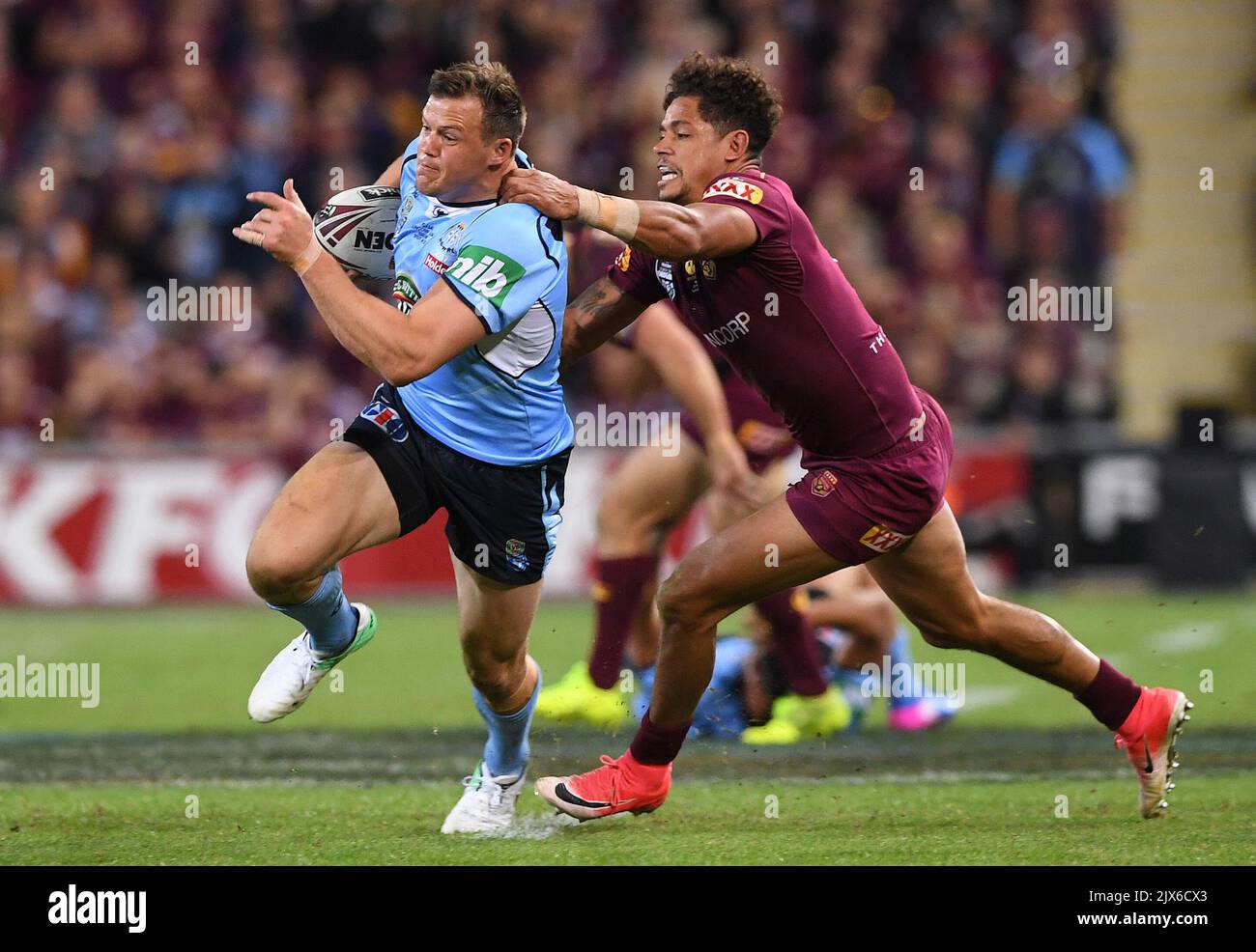 Brett Morris of the NSW Blues and Dane Gagai of the Queensland Maroons ...