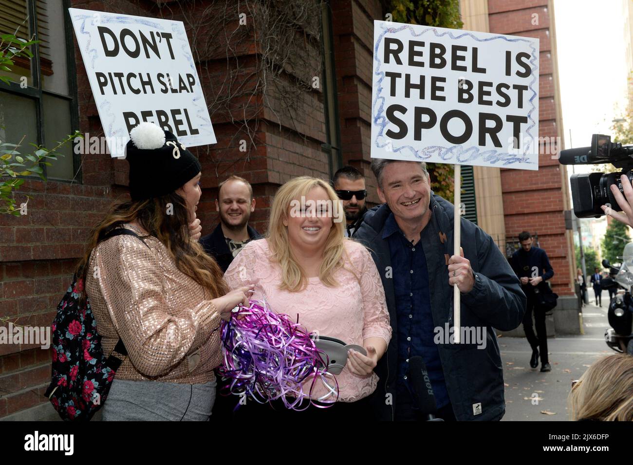 Actor Rebel Wilson is greeted by radio personalities Dave Hughes, Kate ...