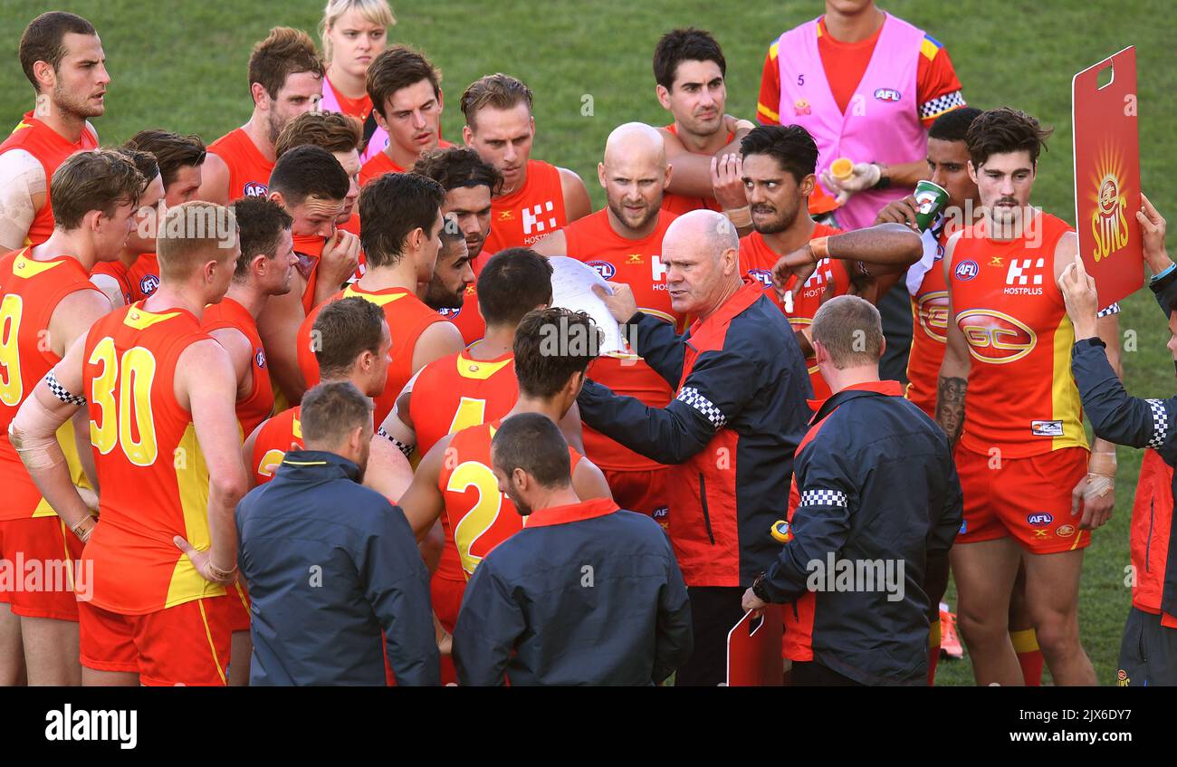 Suns coach Rodney Eade is seen talking to players during the Round 11 ...