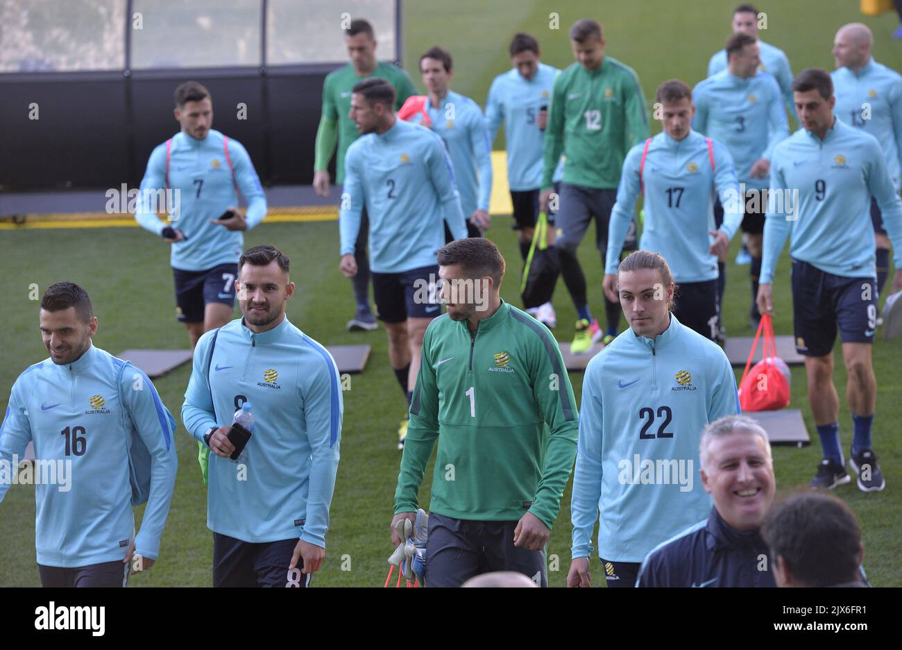 Socceroos players arrive at a training session at Adelaide Oval ...