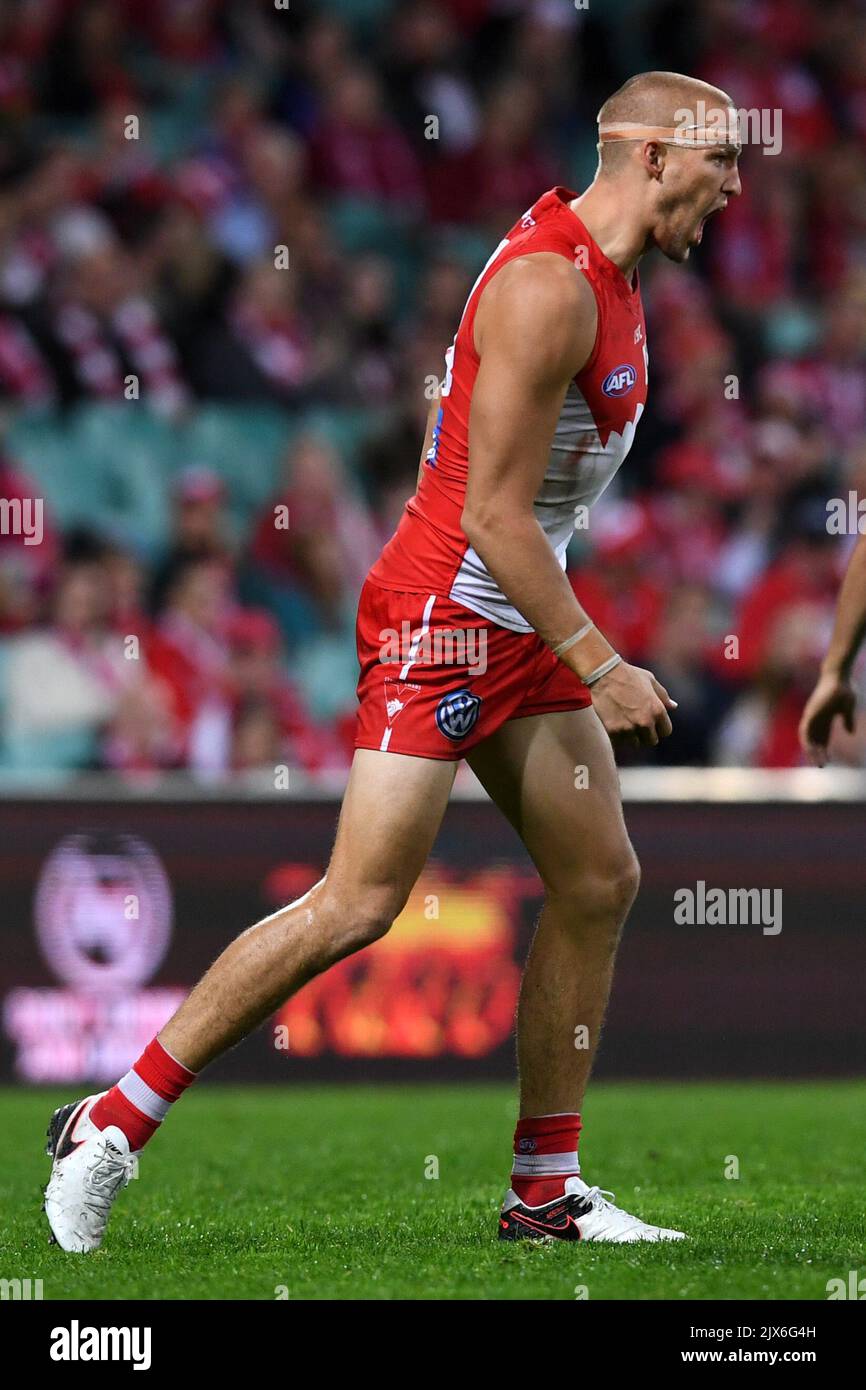 Sam Reid of the Swans celebrates kicking a goal during the round 12 AFL ...