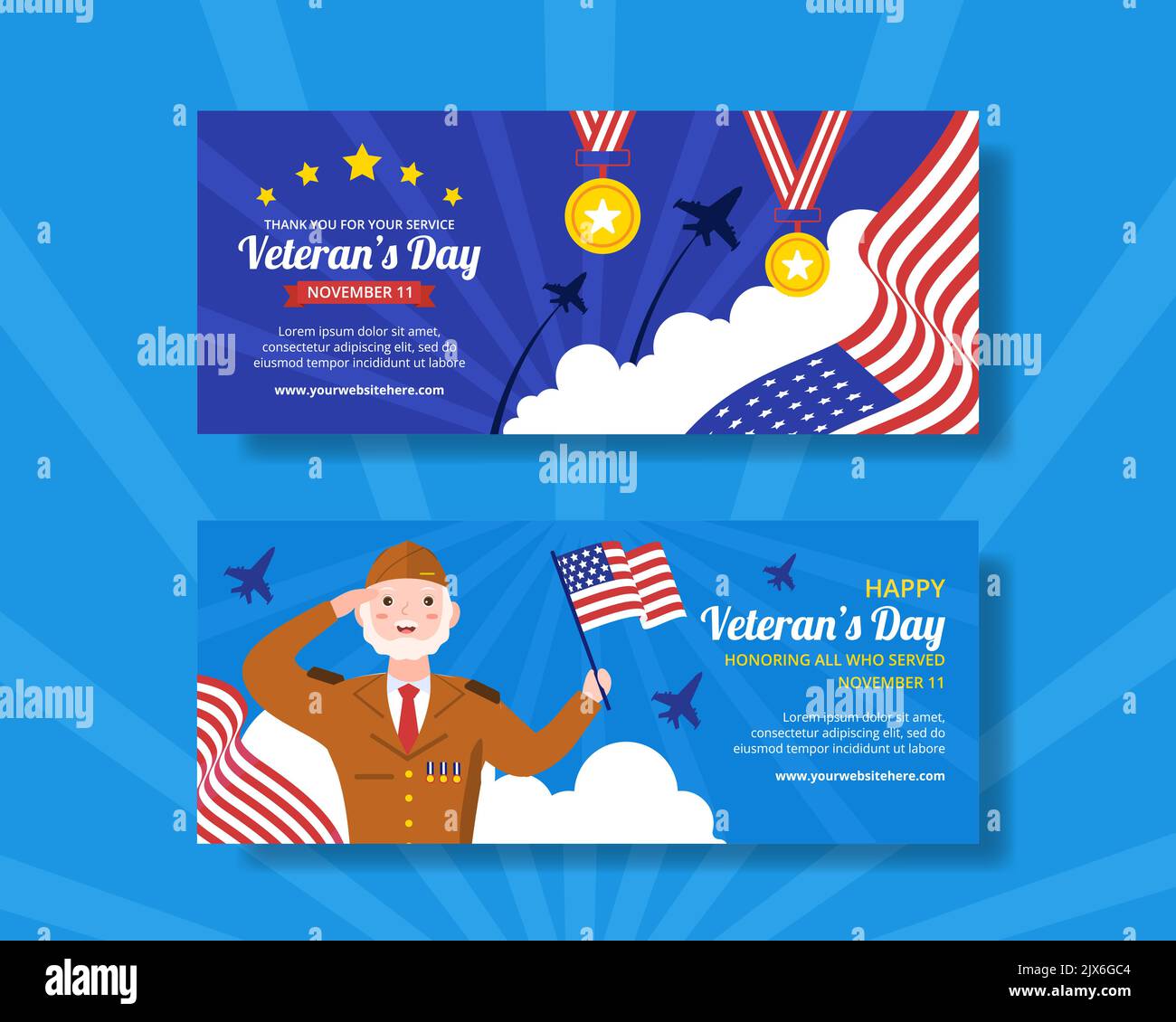 Happy Veterans Day Horizontal Banner Template Hand Drawn Cartoon Flat Illustration Stock Vector ...