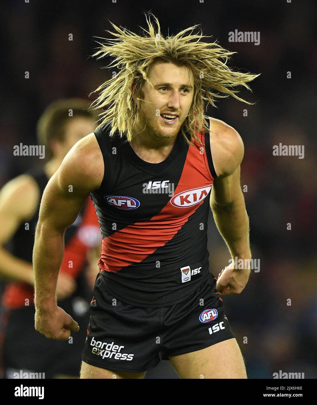 Dyson Heppell of the Bombers reacts after kicking a goal during the ...