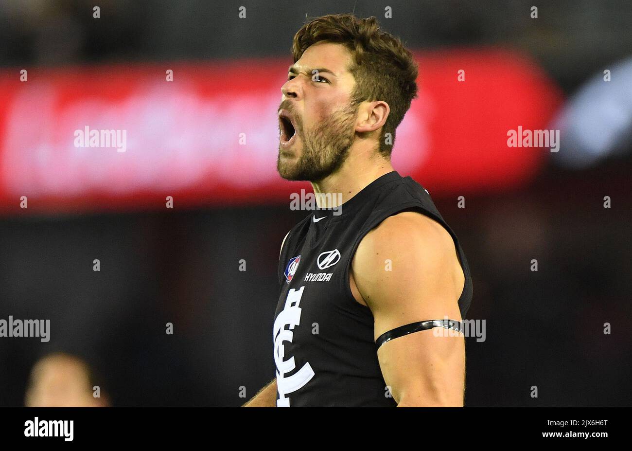 Levi Casboult of the Blues reacts after kicking a goal during the Round ...