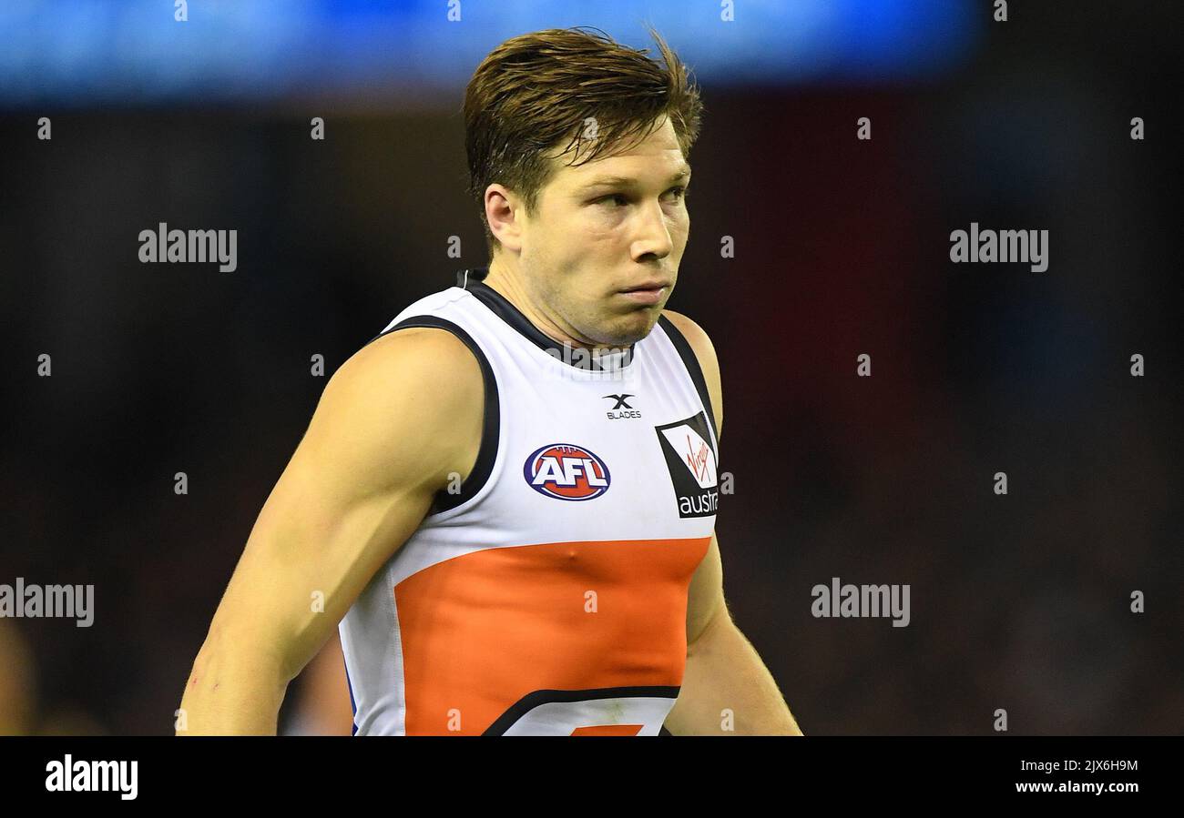 Toby Greene of the Giants react after missing a shot for goal during ...