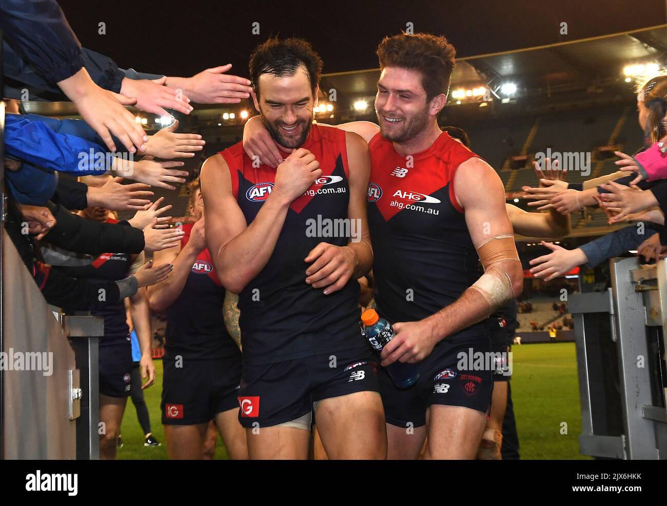 Jordan Lewis (left) and Tomas Bugg of the Demons are seen after the ...