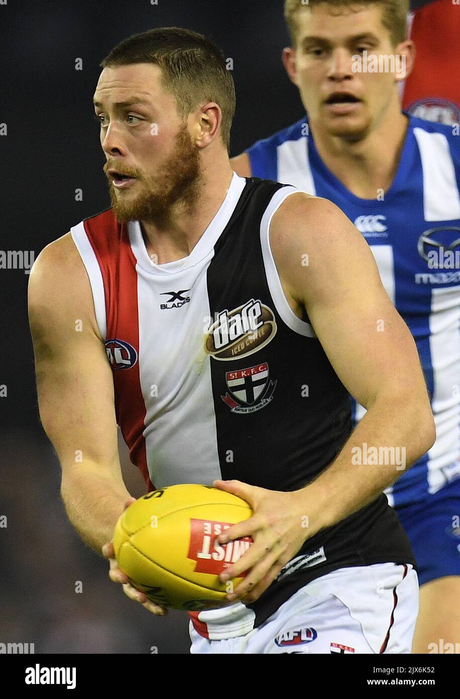 Jack Steven of the Saints (left) is seen in action during the Round 13 ...
