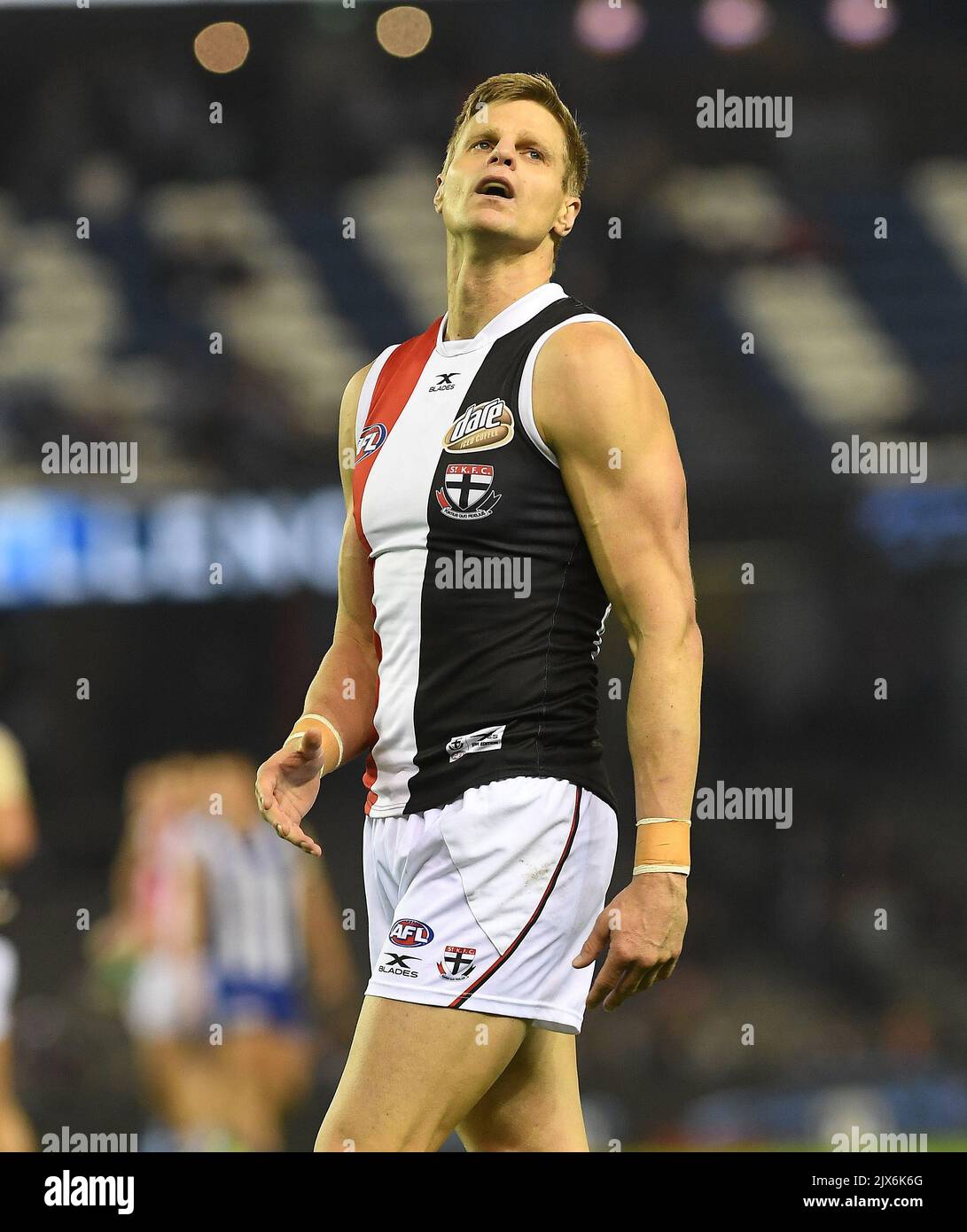 Nick Riewoldt of the Saints reacts after missing a set shot during the ...