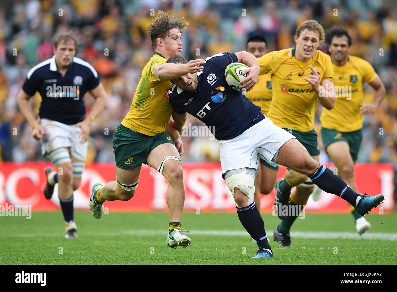 Michael Hooper of Australia tackles Fraser Brown of Scotland during ...