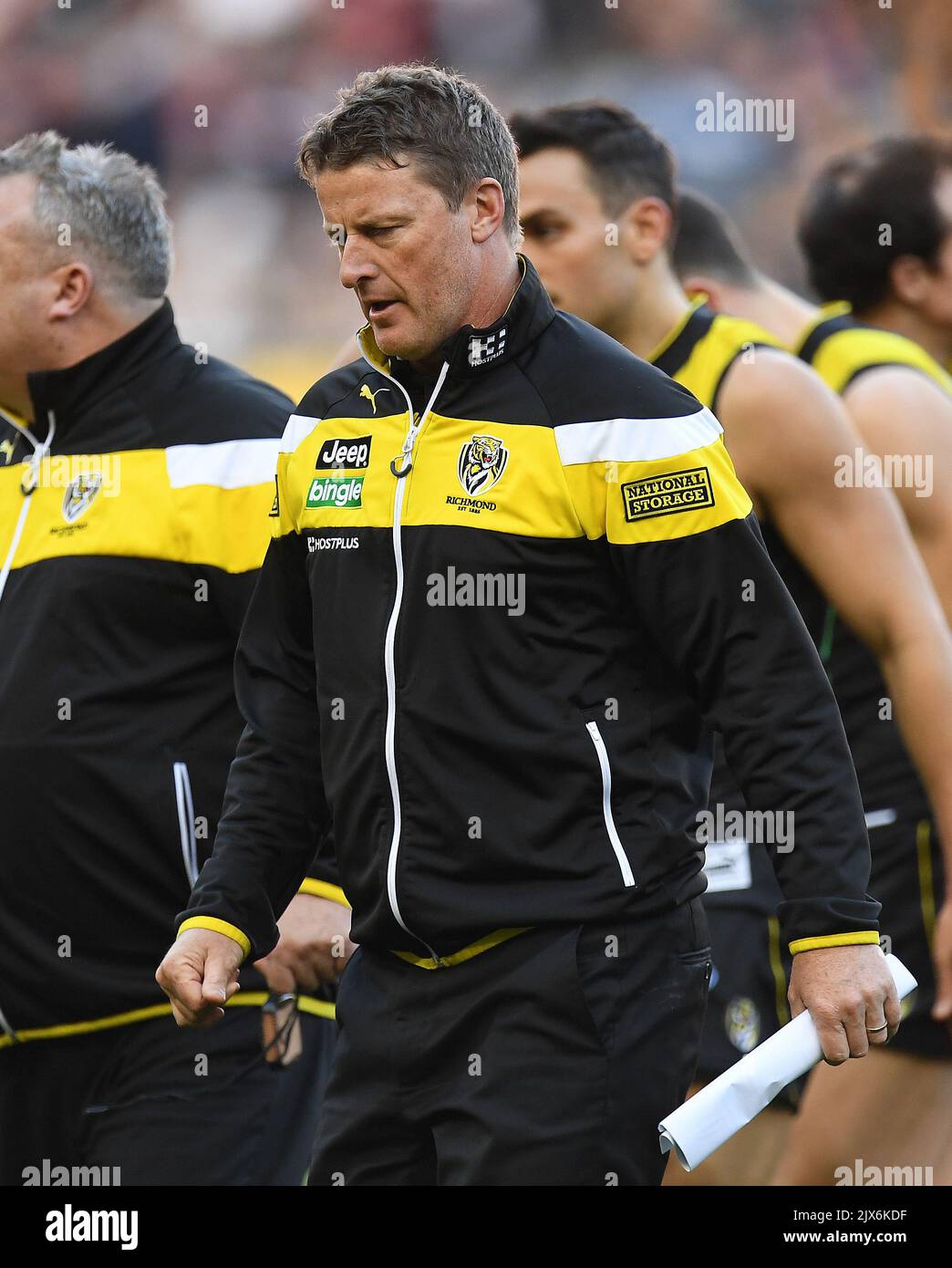 Coach of the Tigers Damien Hardwick is seen at three quarter-time ...