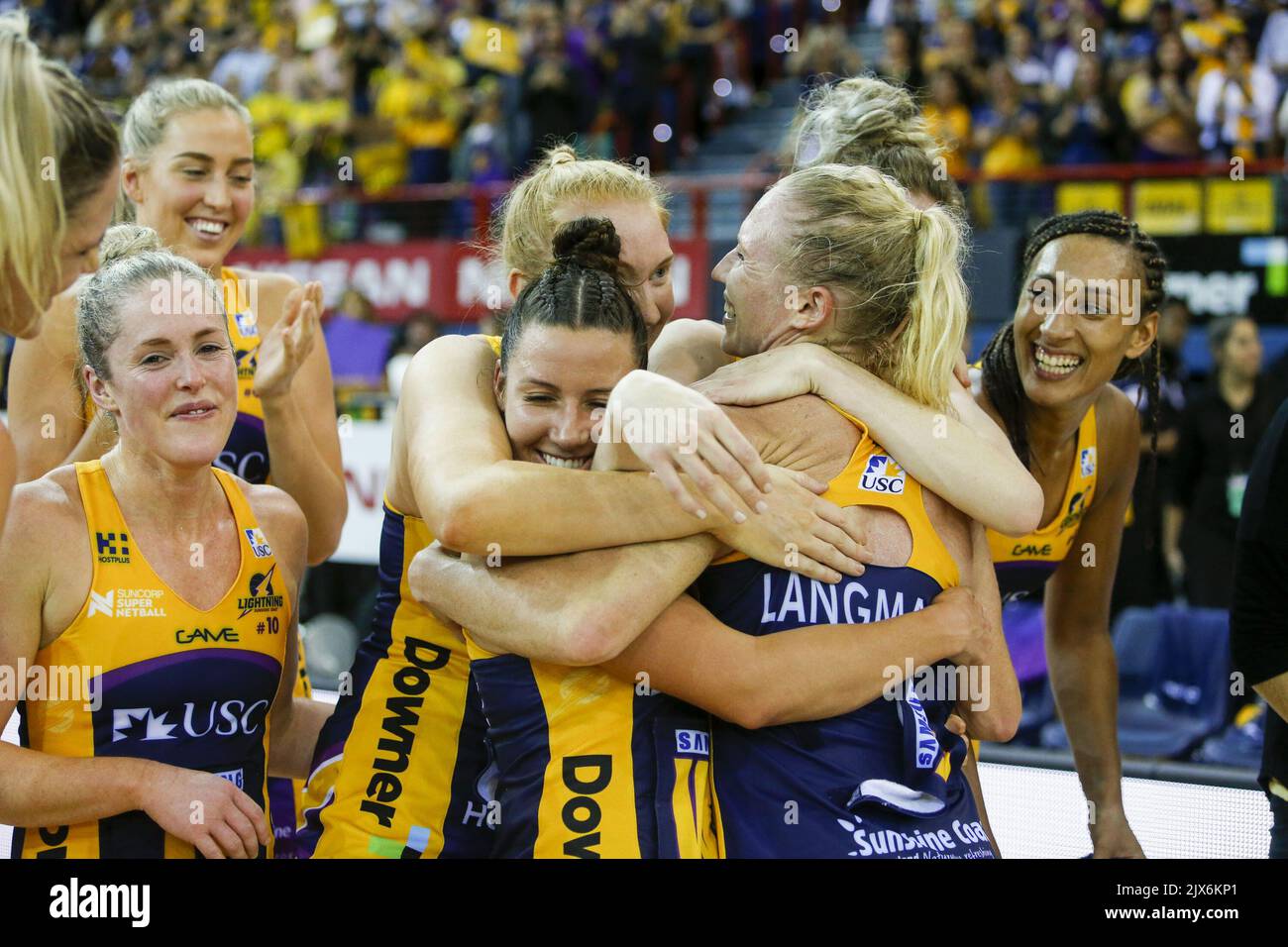 Lightning players celebrate their win in the Suncorp Super Netball ...