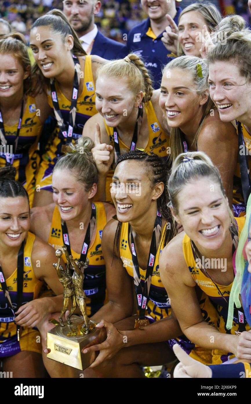 Lightning players celebrate their win in the Suncorp Super Netball ...