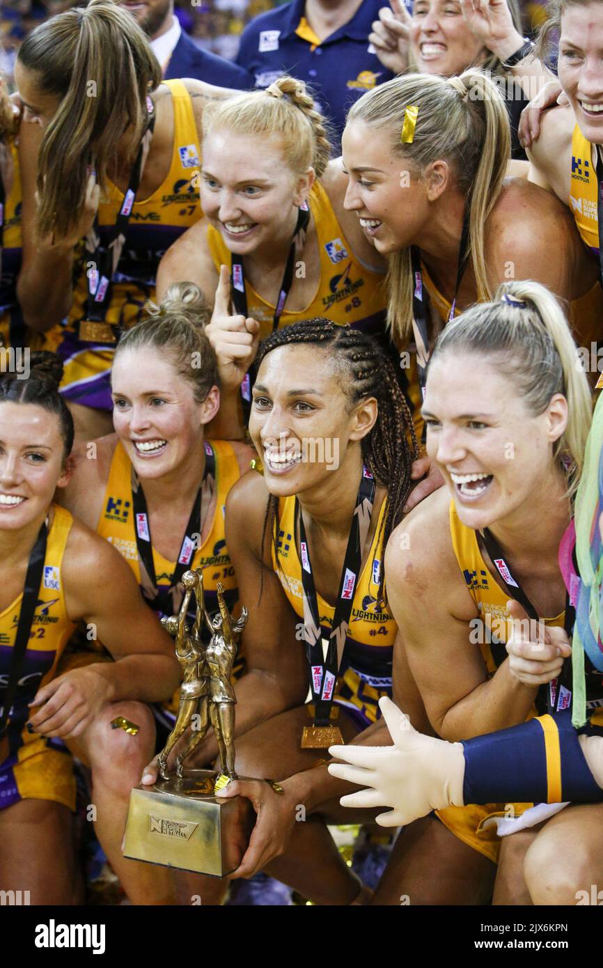 Lightning players celebrate their win in the Suncorp Super Netball ...