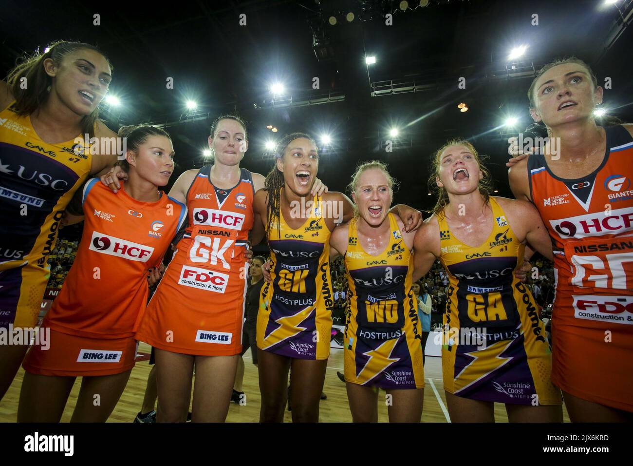 Lightning players celebrate their win in the Suncorp Super Netball ...