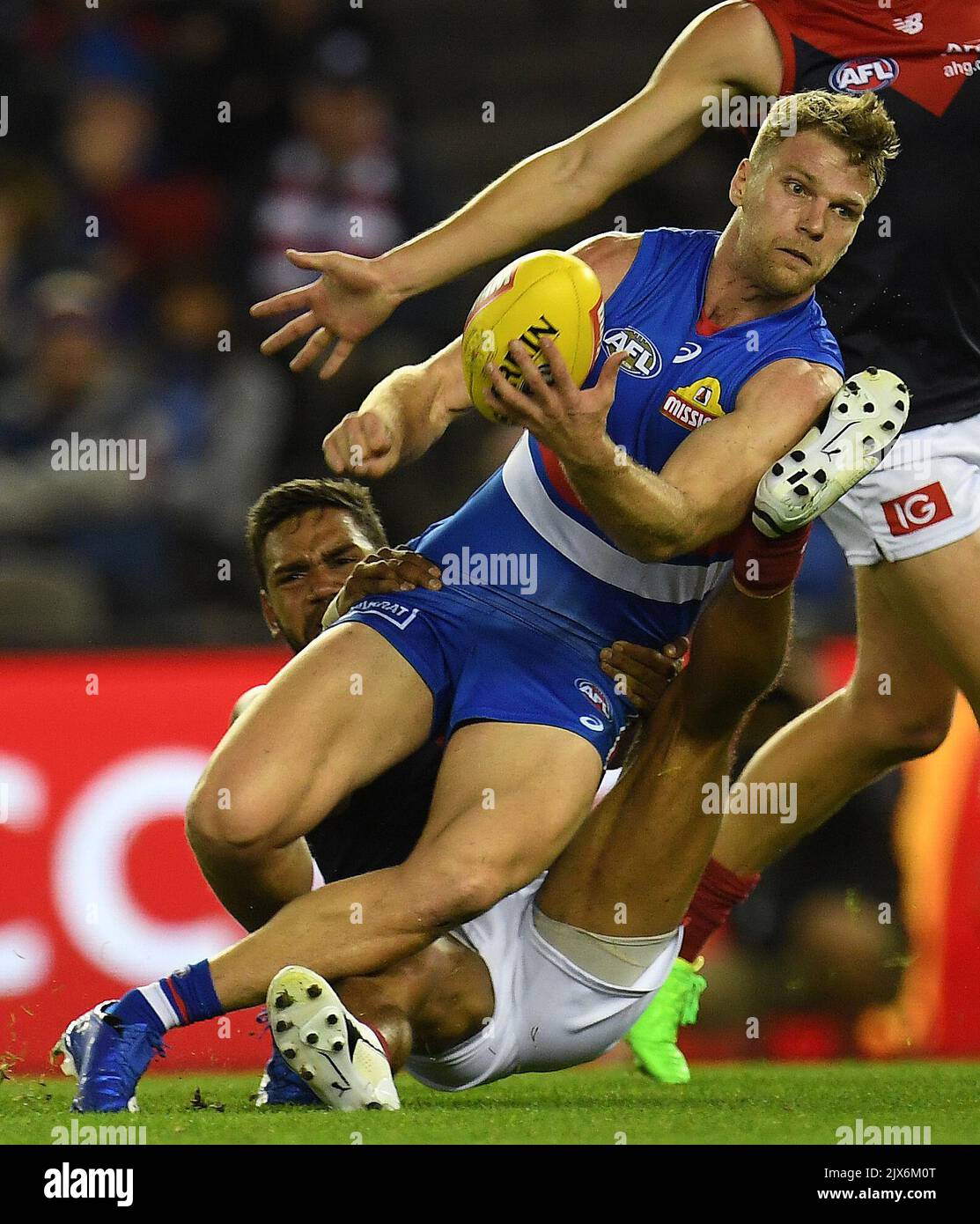 Jake Stringer of the Bulldogs is seen in action during the Round 13 AFL ...