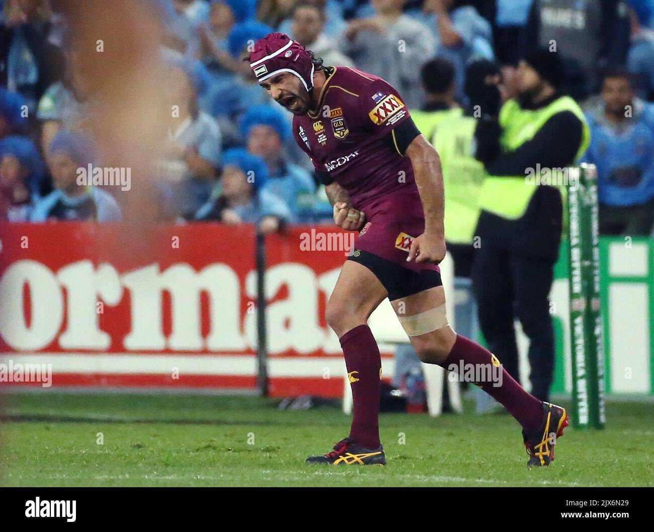 Jonathan Thurston of the Maroons reacts after his kick which won the ...